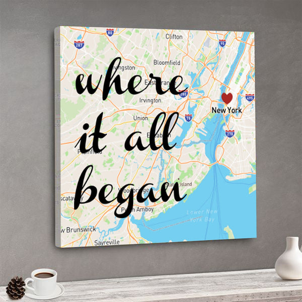 Where It All Began Map Wall Art Retro Style Custom Canvas Print - pixisid