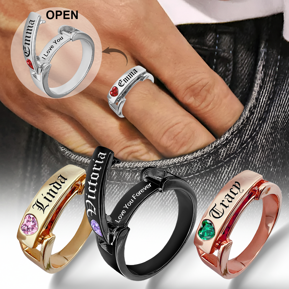 Personalized Engraved Hidden Message Birthstone Ring - pixisid